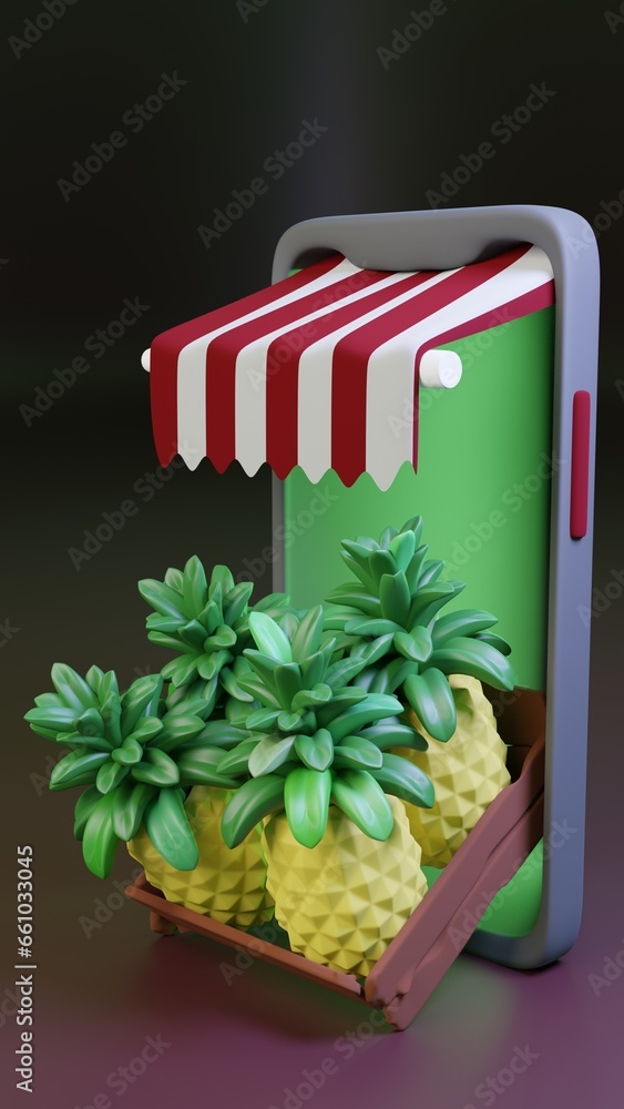 Cute 3d illustration of mobile phone with pineapple crate and white and ...