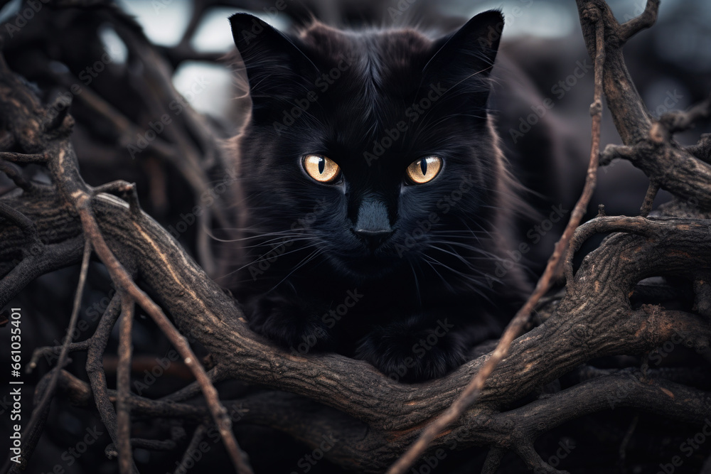 The black cat cautiously hid in the eerie forest with gaunt trees and ...