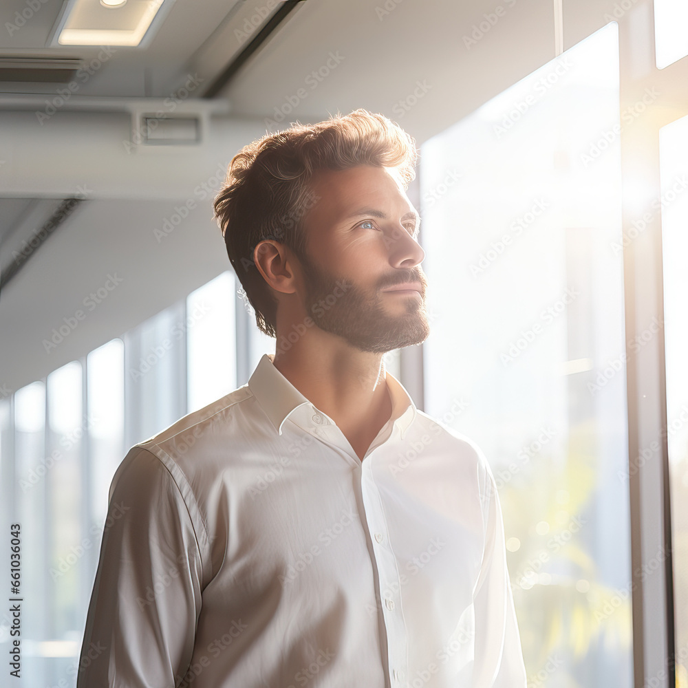 Man staring out of window with light coming through it, concept ...
