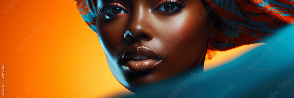 Beautiful African woman face on a vibrant colorful background Stock ...