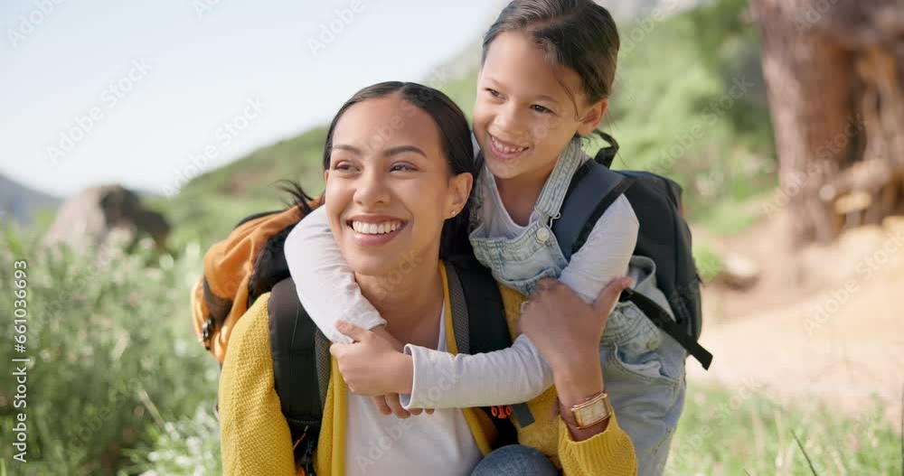 Hiking, backpack and mother hug girl child hug in nature for exploring ...