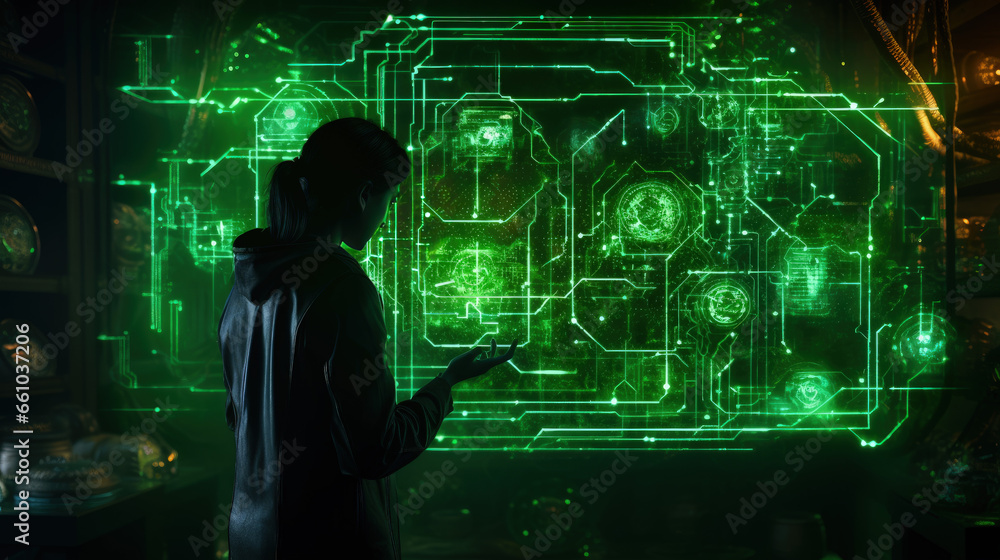 Cyber hacker intensely studying a futuristic holographic display in a ...