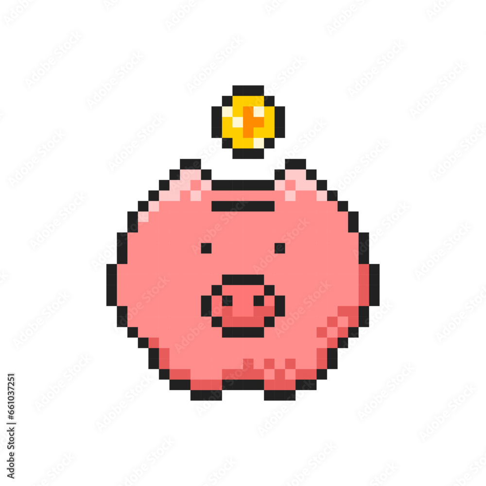 Piggy bank in the shape of a pig pixel art icon, 8-bit sprite. Isolated ...