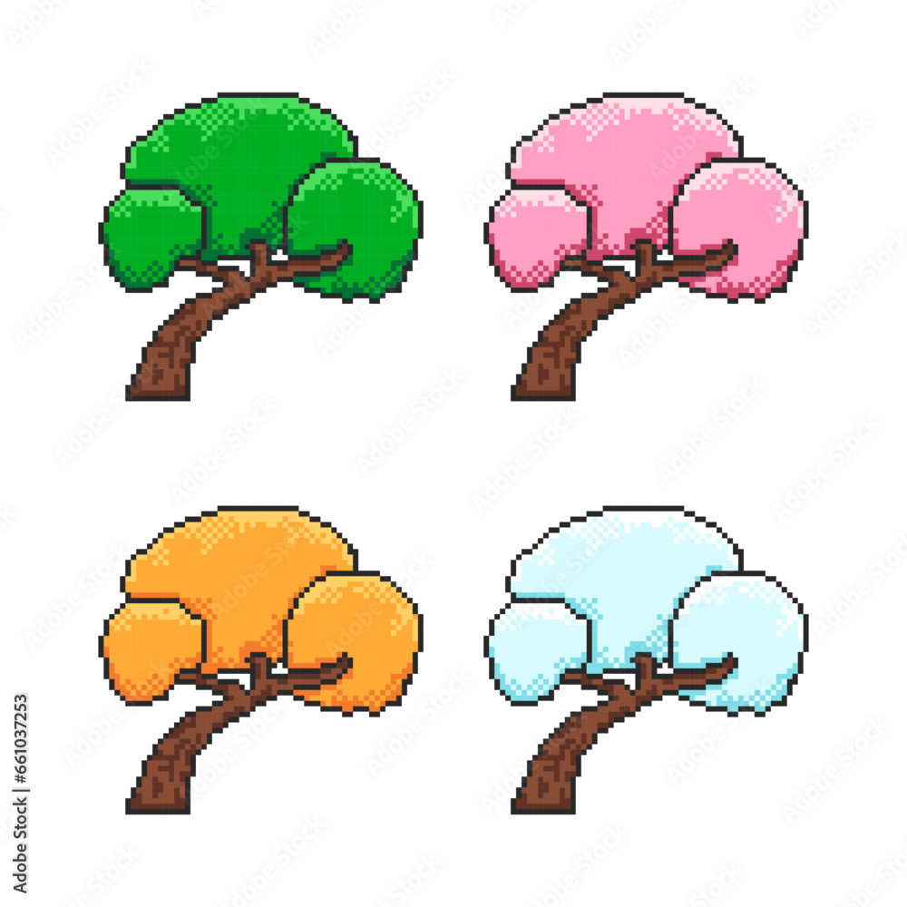 Season pixel tree, video game UI asset elements. 8 bit spring summer ...
