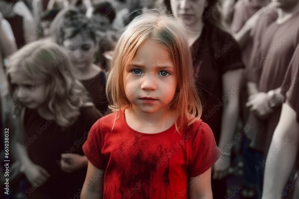 a crowd of people in gray clothes walks around a little girl in a red ...