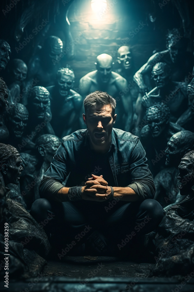 Haunting depiction of man crouching, engrossed in disturbing thoughts ...