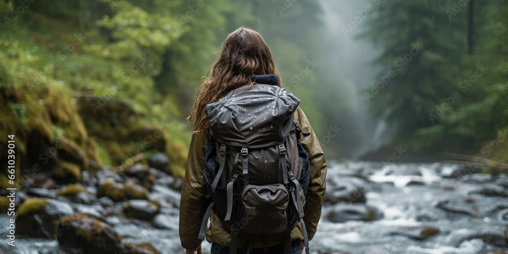 Sad girl with a large backpack on a mountain hike walks under the ...