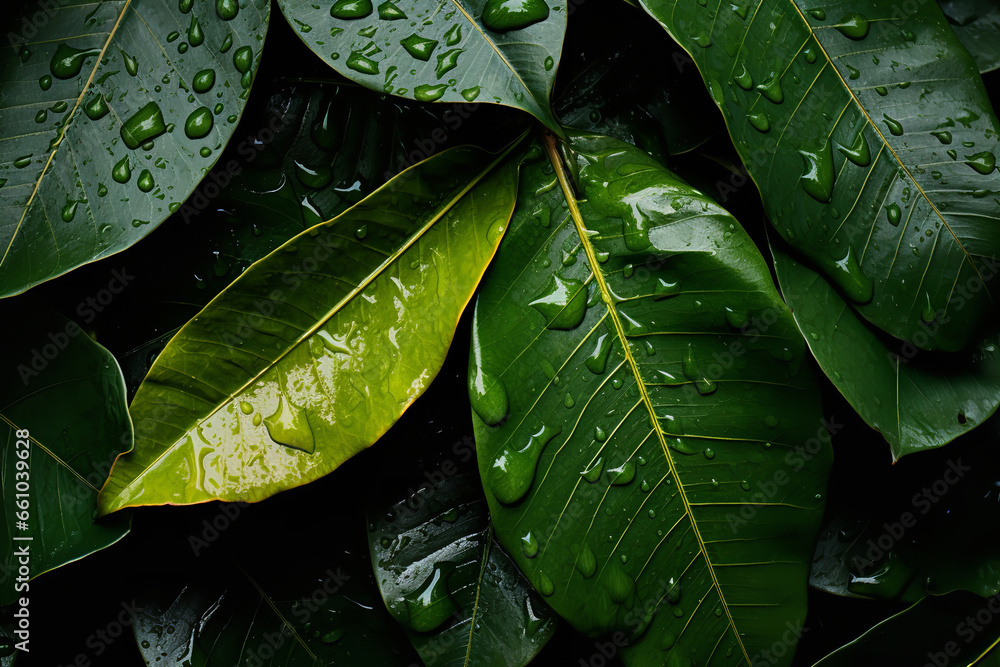 Broad leaves in a rainforest appear shiny and glistening, as they are ...