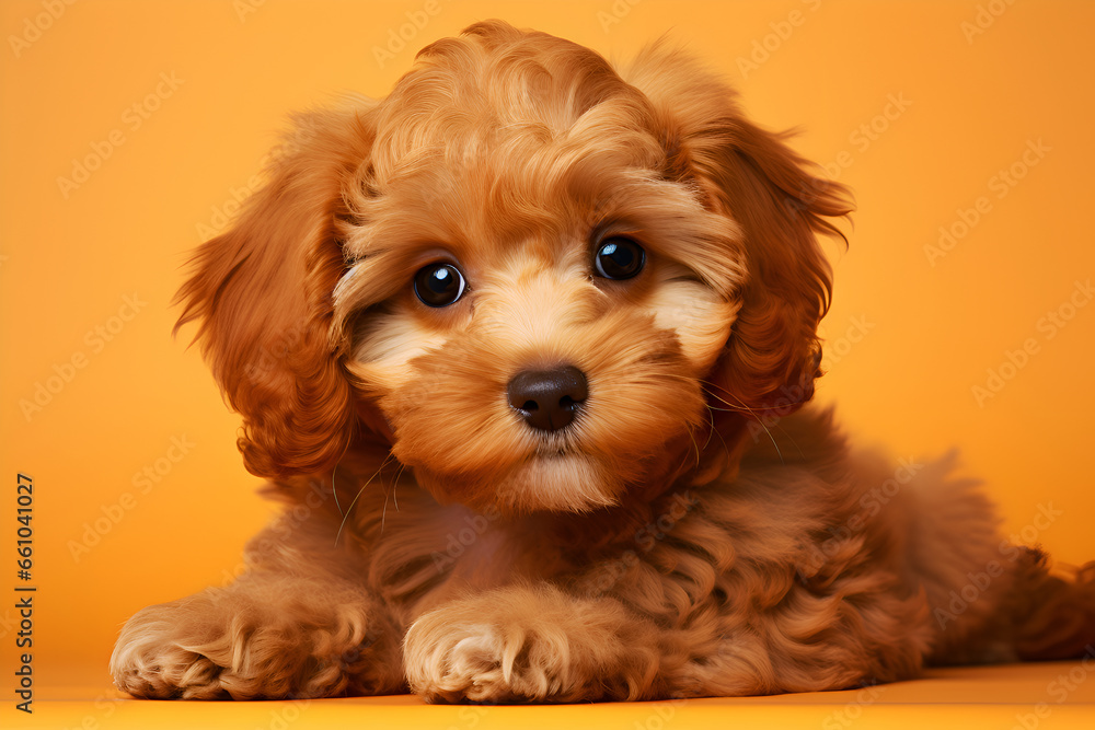 Ginger-colored Maltipoo puppy against a tinted setting. Serious sand ...