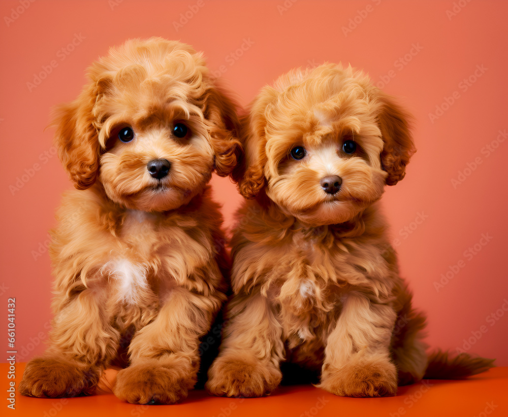Two ginger Maltipoo pups on colored background. Studio shot of cute ...