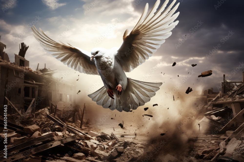 A white peace dove flying through a city war zone during a conflict ...