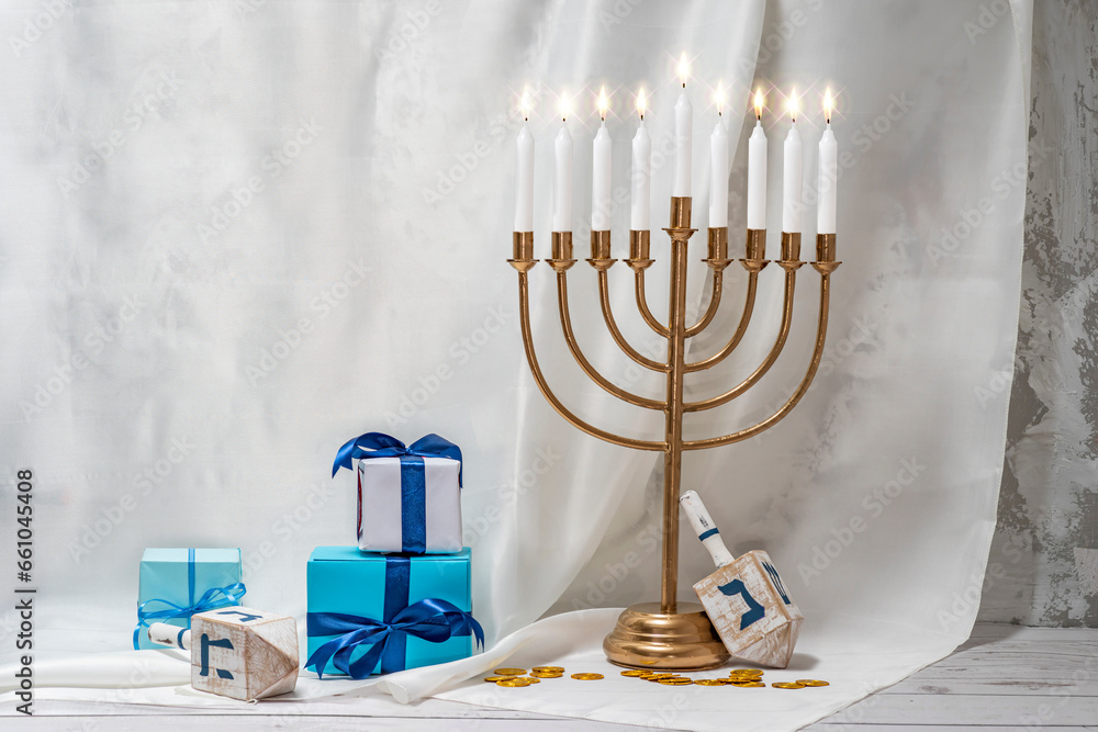 Jewish Hanukkah Menorah 9 Branch Candlestick, dreidel, gift boxes ...