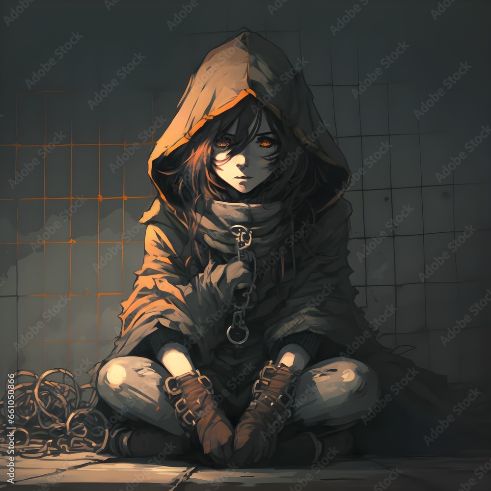 hooded anime woman laying on knees as a chained prisoner looking upward ...