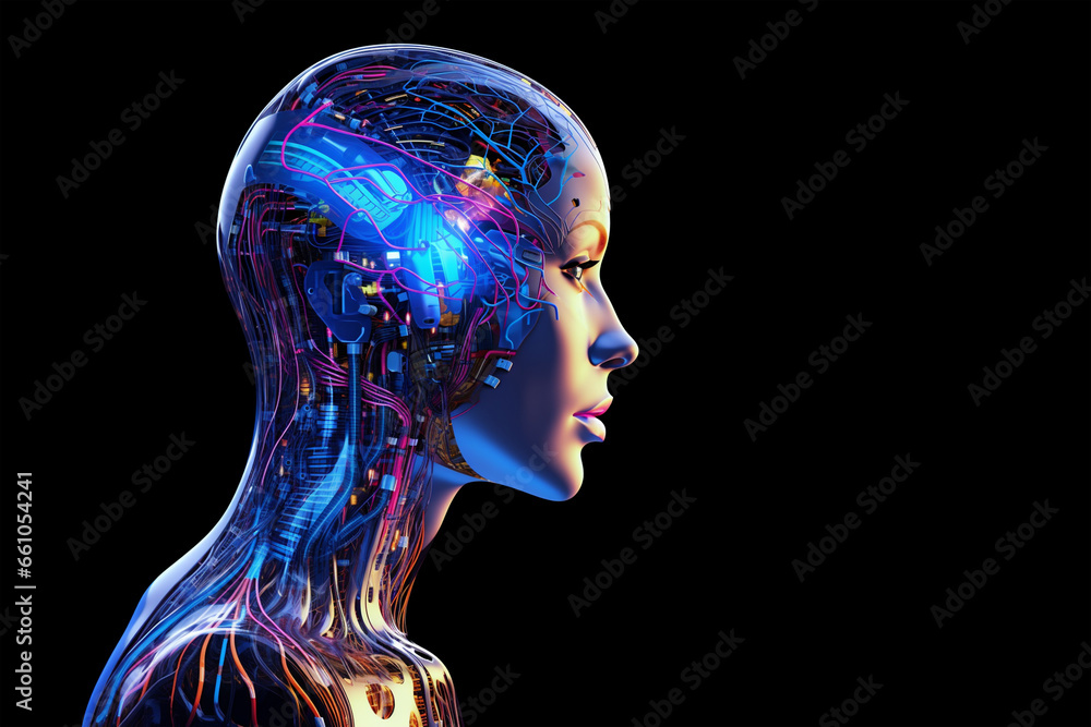 Side view portrait of AI robot with a woman face; transparent head with ...