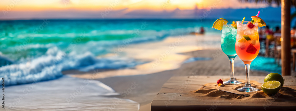 Cocktails at a beach bar at tropical resort. Summer vacation background ...