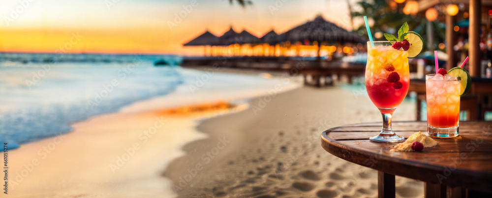 Cocktails at a beach bar at tropical resort. Summer vacation background ...