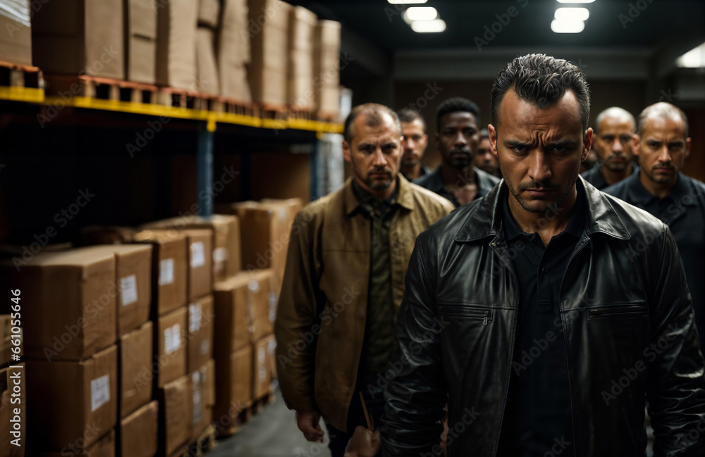 Angry crowd of men in leather jackets inside warehouse, protest at work ...