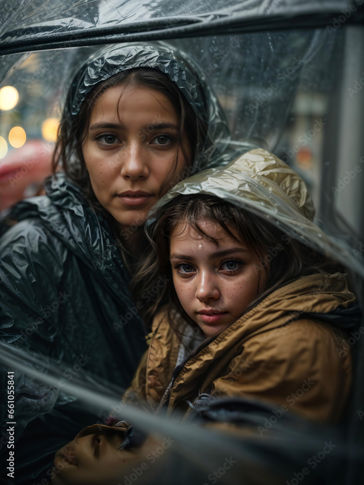 Homeless mother and daughter enduring poverty crisis in rainy weather ...