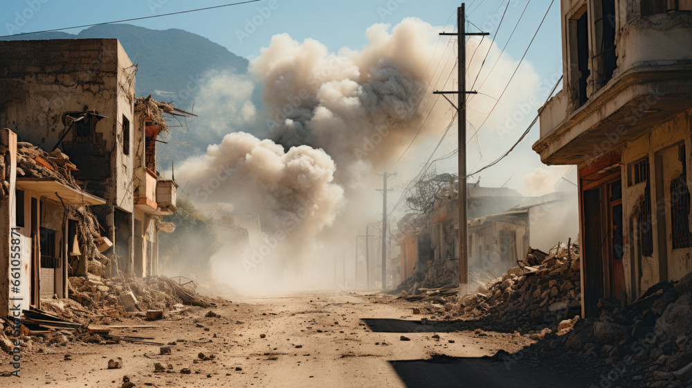 destroyed houses in the city with smoke enveloping them. the ...