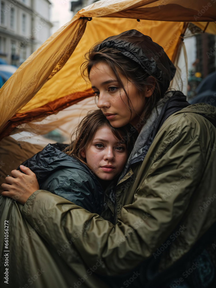 Homeless mother and daughter enduring poverty crisis in rainy weather ...