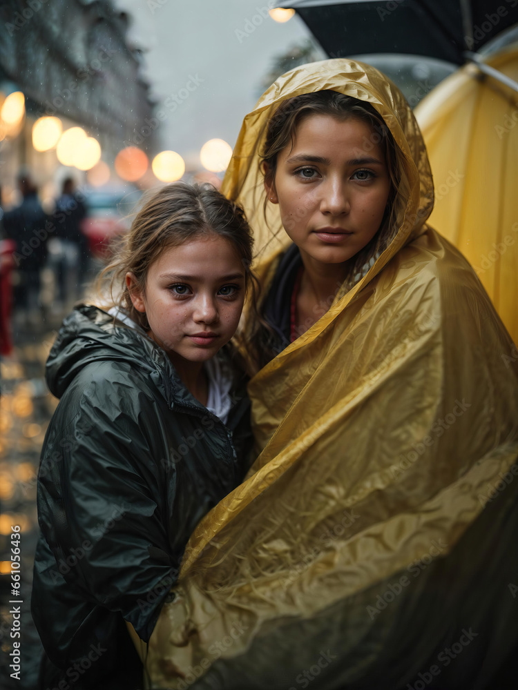 Homeless mother and daughter enduring poverty crisis in rainy weather ...