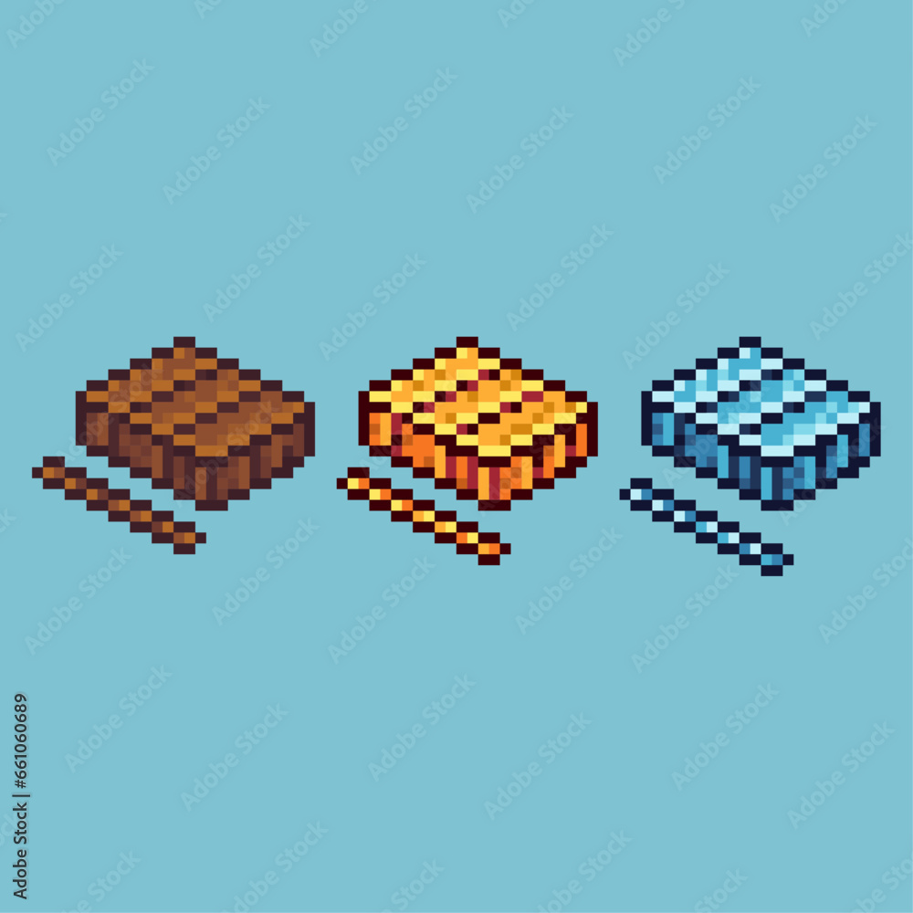 Pixel art sets of wood,gold,silver plate plank with variation color item asset. Simple bits of ...
