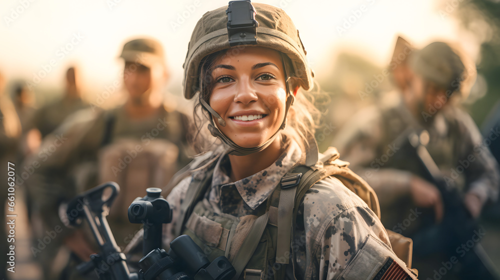 Portrait of smile young woman soldier in uniform background team army ...