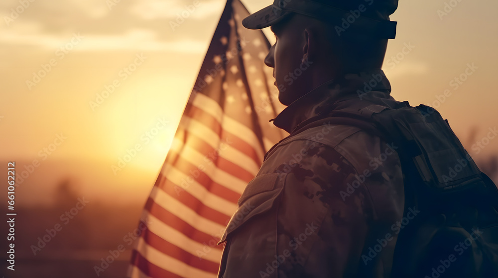 Portrait of man soldier in uniform background flag USA on sunset ...