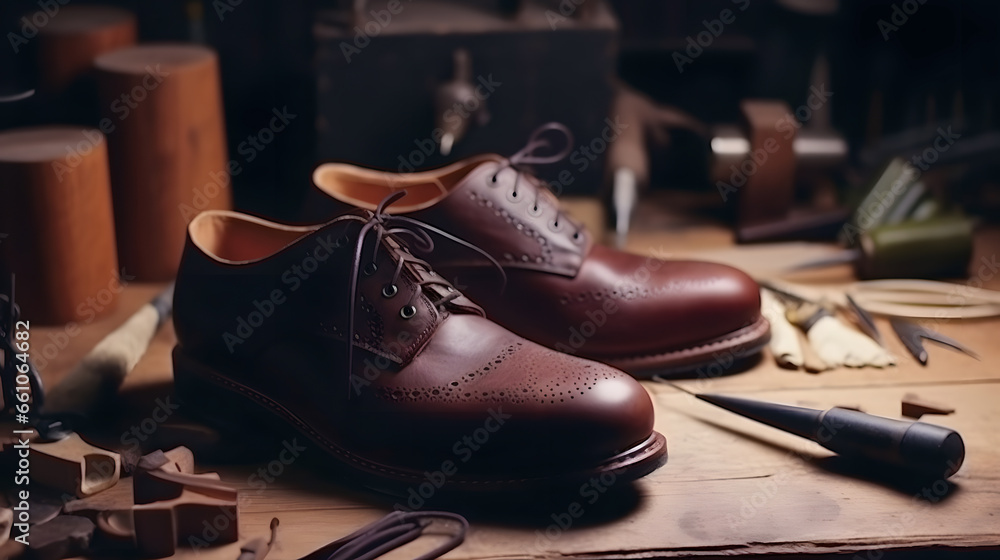 Craftsman make shoe from grain leather on workplace. Shoemaker performs ...