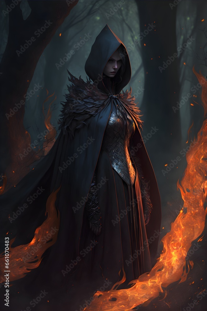 a stunningly beautiful Eternal female fire mage in a black flowing cape ...