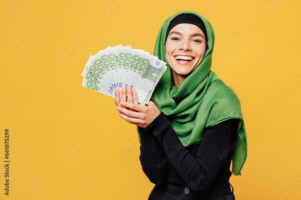 Young arabian asian muslim woman wearing green hijab abaya black ...