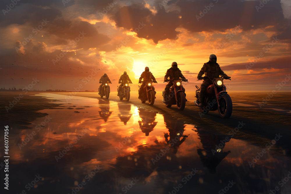 Thrilling Sunset Ride: Friends Together on Motorcycles, a Vibrant AI ...