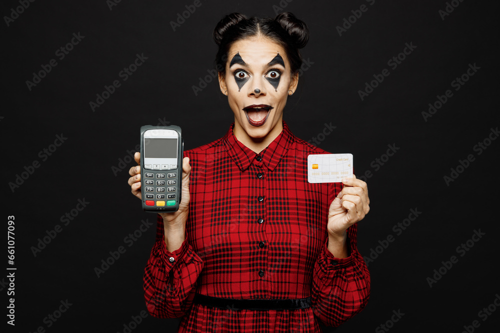 Young fun woman with Halloween makeup face art mask wear clown costume ...