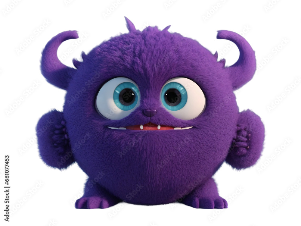 Cute and funny purple monster 3D cartoon character on transparent ...