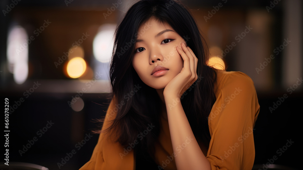 belle jeune femme asiatique attablée dans un restaurant les coudes ...