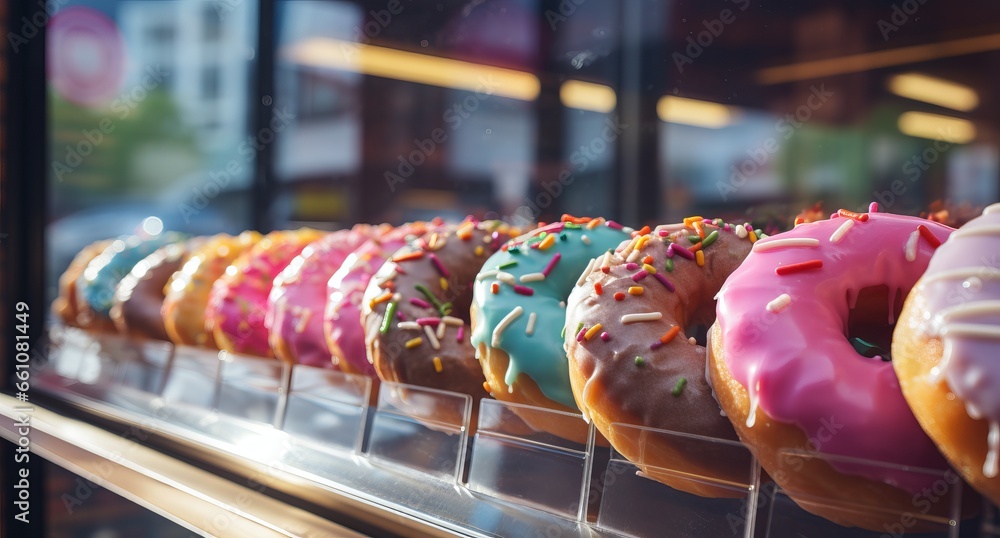 Sweet donuts covered with multi-colored glaze. Sweet high-calorie ...
