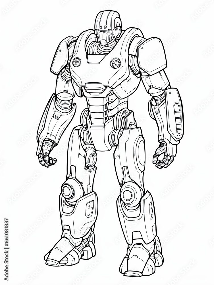 Childrens coloring page, mech robot, full body, add a background, thick ...