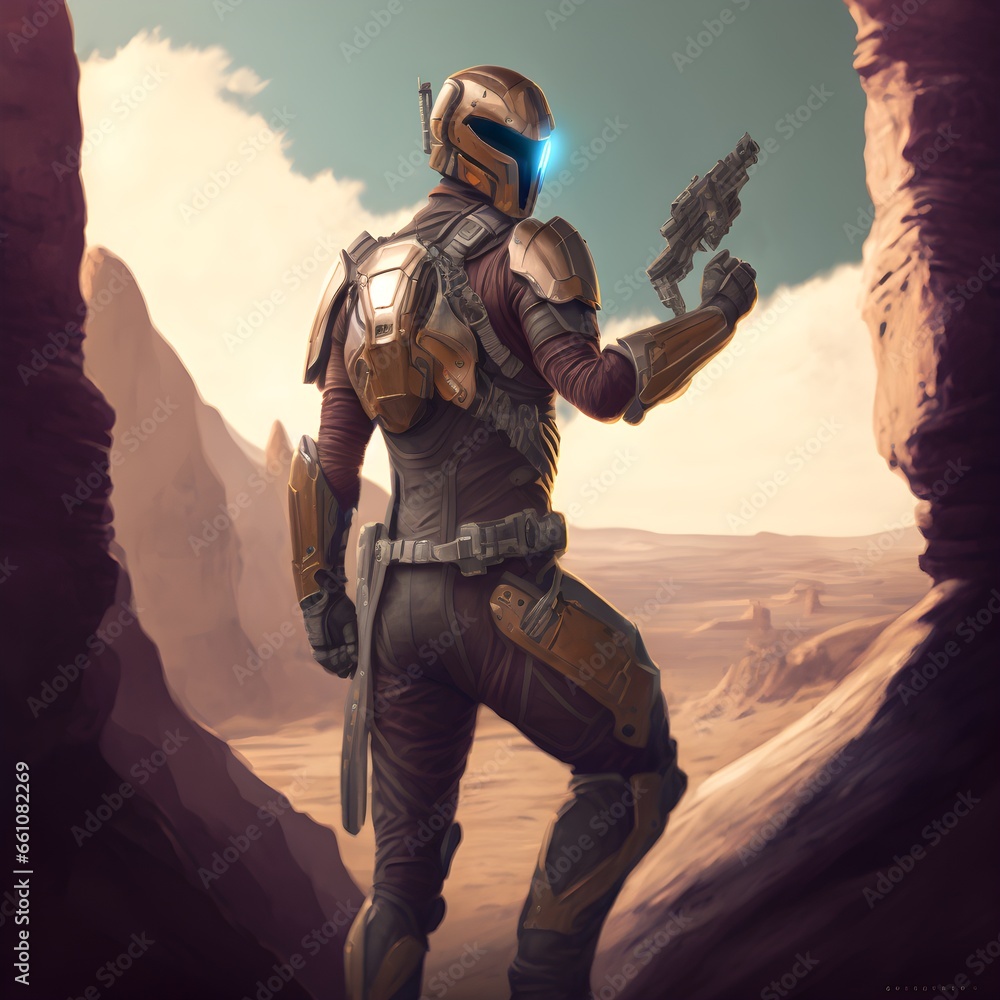 knight holding a futuristic rifle standing in a massive canyon high ...