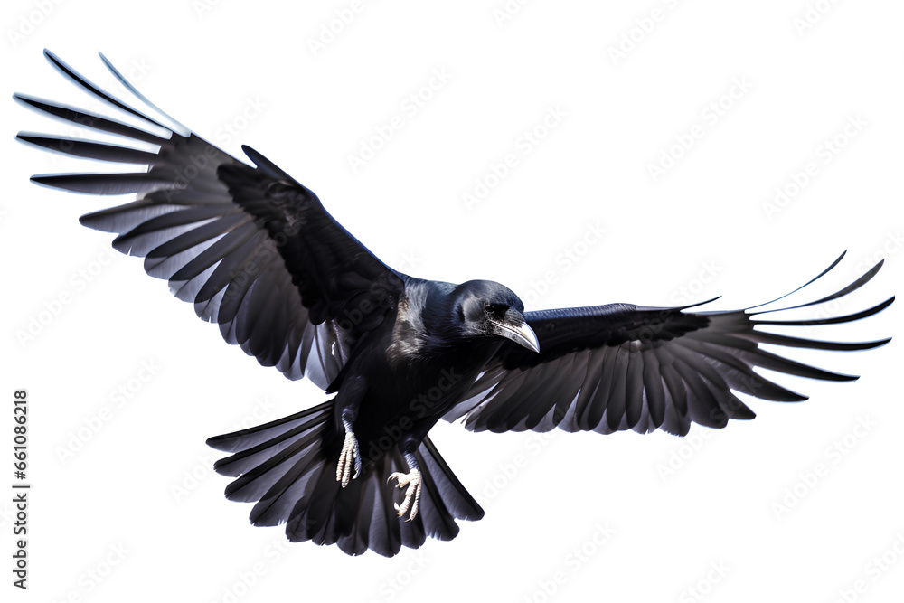 Painted raven bird in flight isolated on a transparent background ...