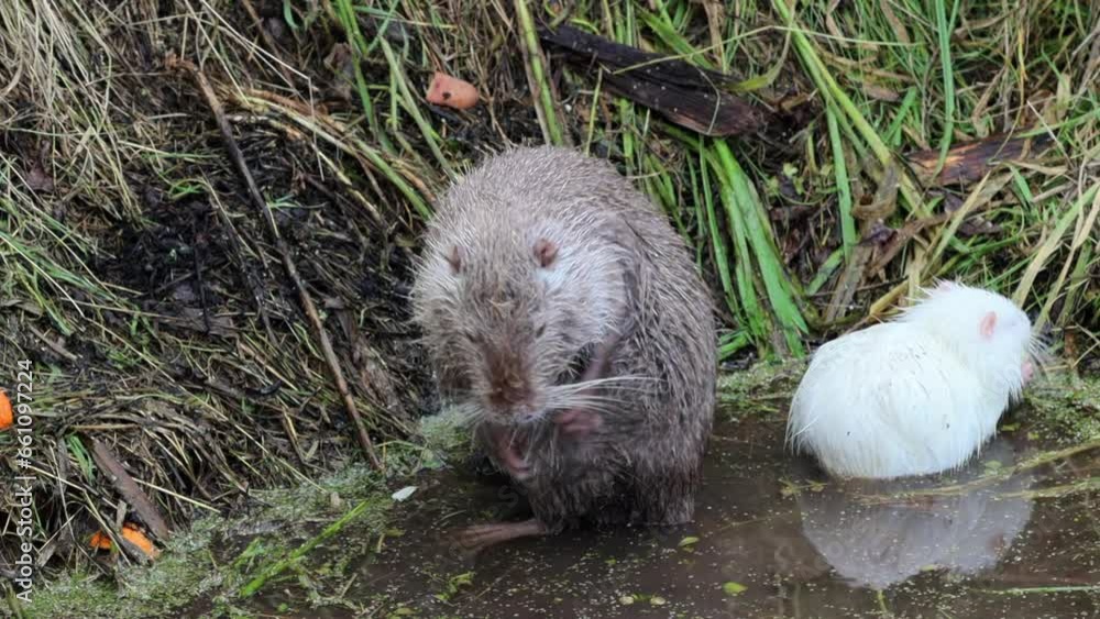 A grey female Nutria washes up in the water while a white Nutria eats a ...