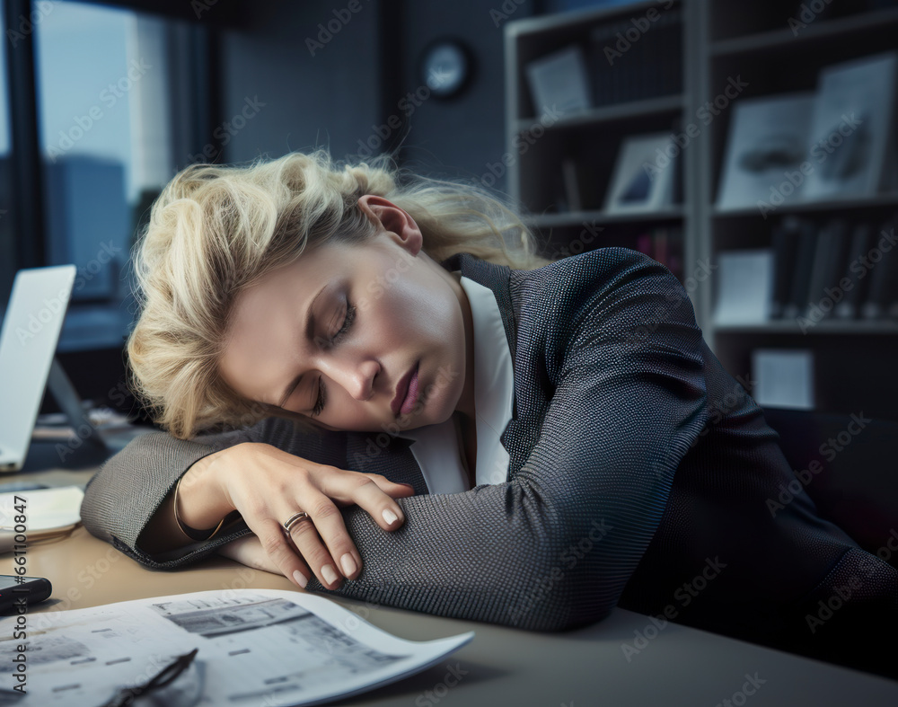 An exhausted businesswoman rests slumped at her desk with signs of ...