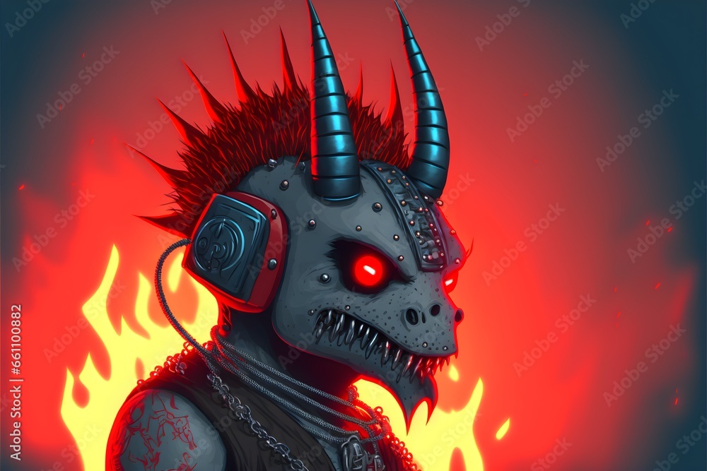 full metal body red spiked Mohawk metal horns vampire teeth red ...