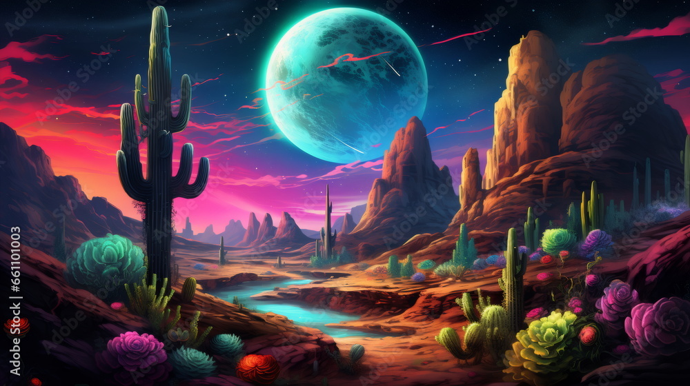 Hyper-Detailed Alien Landscape with Cacti and Moon, Rendered in Vibrant ...