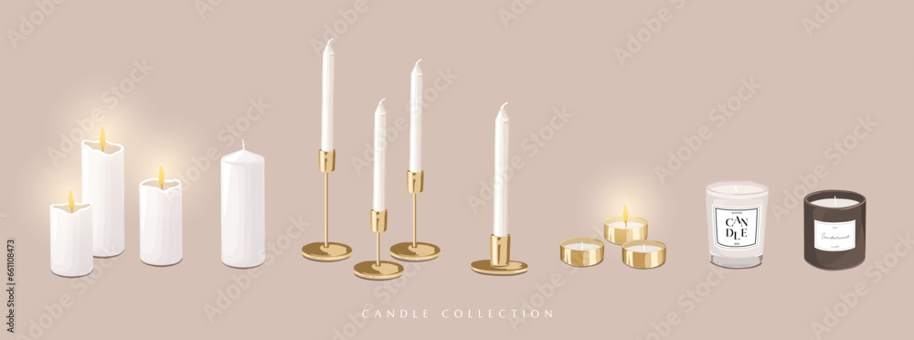 Burning trendy candles set. Different shape, size. Paraffin aromatic ...
