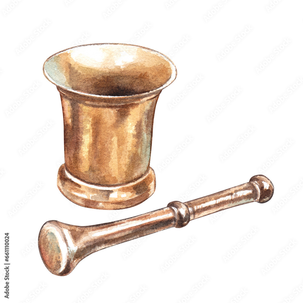 Apothecary mortar with pestle. Watercolor hand drawn illustration of an ...