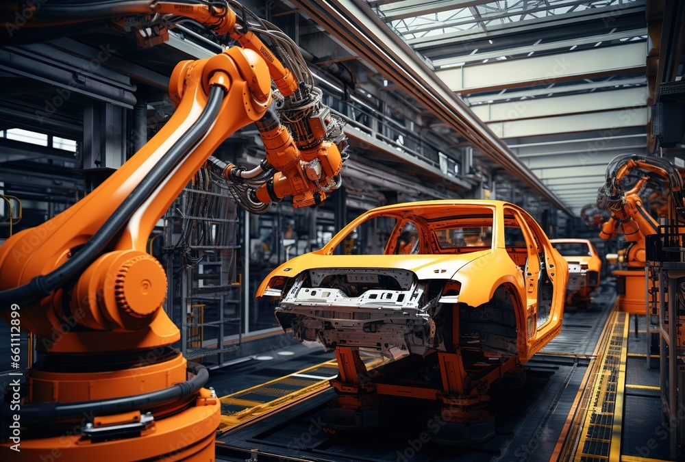 a modern automobile plant, car assembly on modern equipment, an automated assembly line for ...