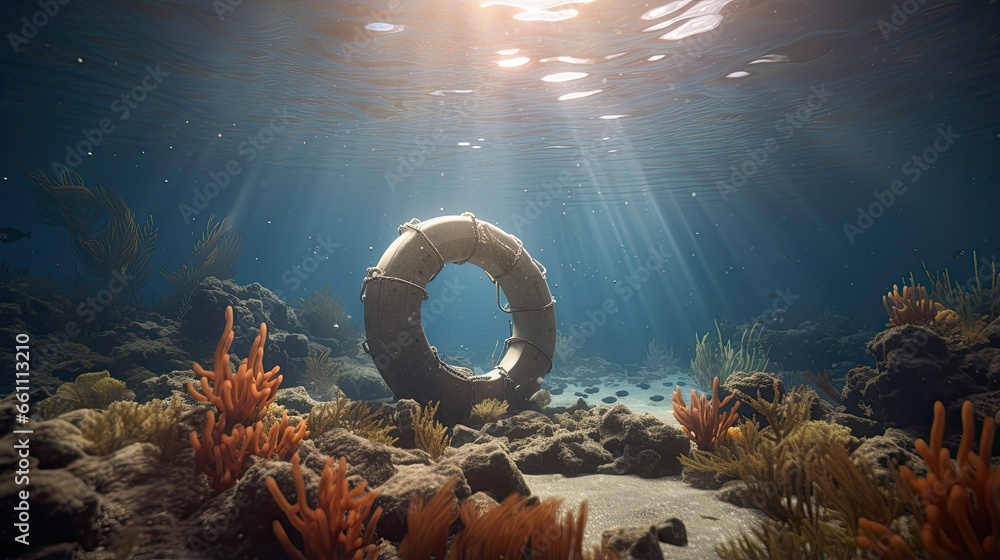 An inflatable swimming life preserver lies on the bottom of the sea in ...