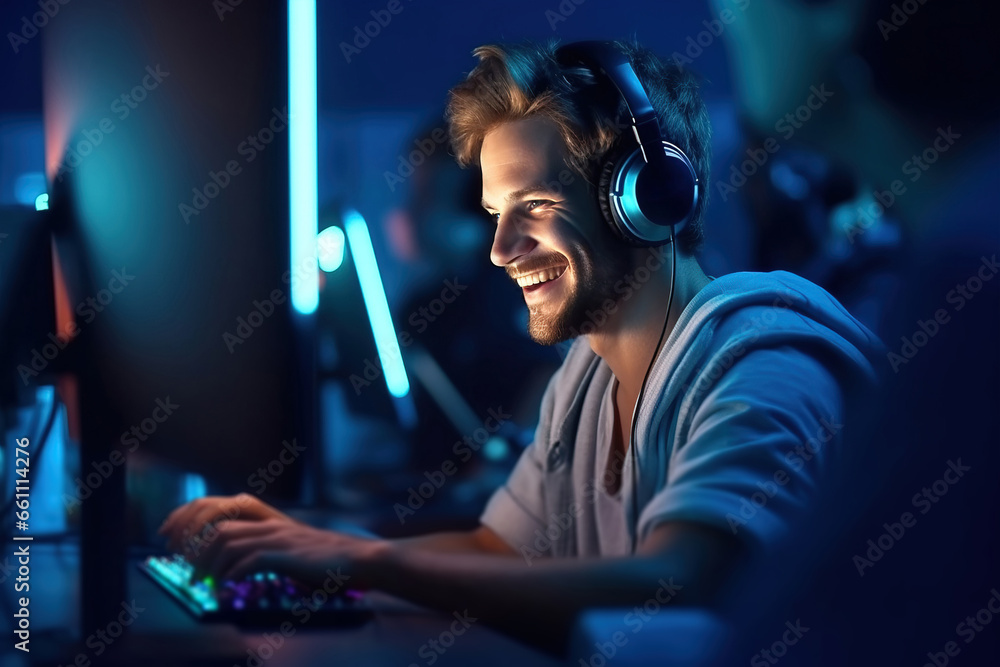 A cheerful gamer streamer, happy with the process of playing at the ...