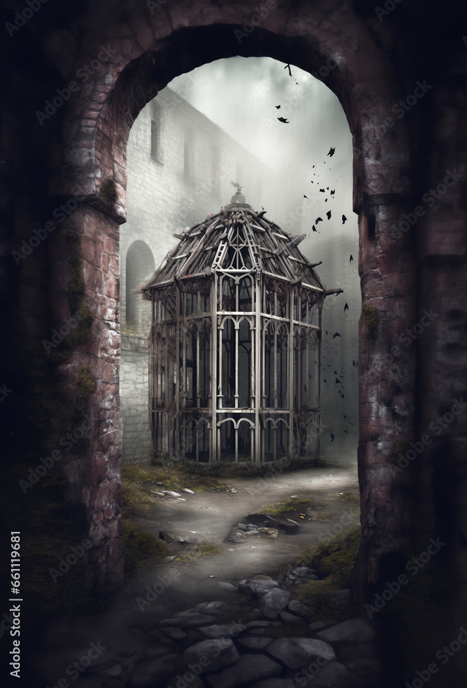 Surreal image. An abandoned cage in the patio of a building. Darkness ...