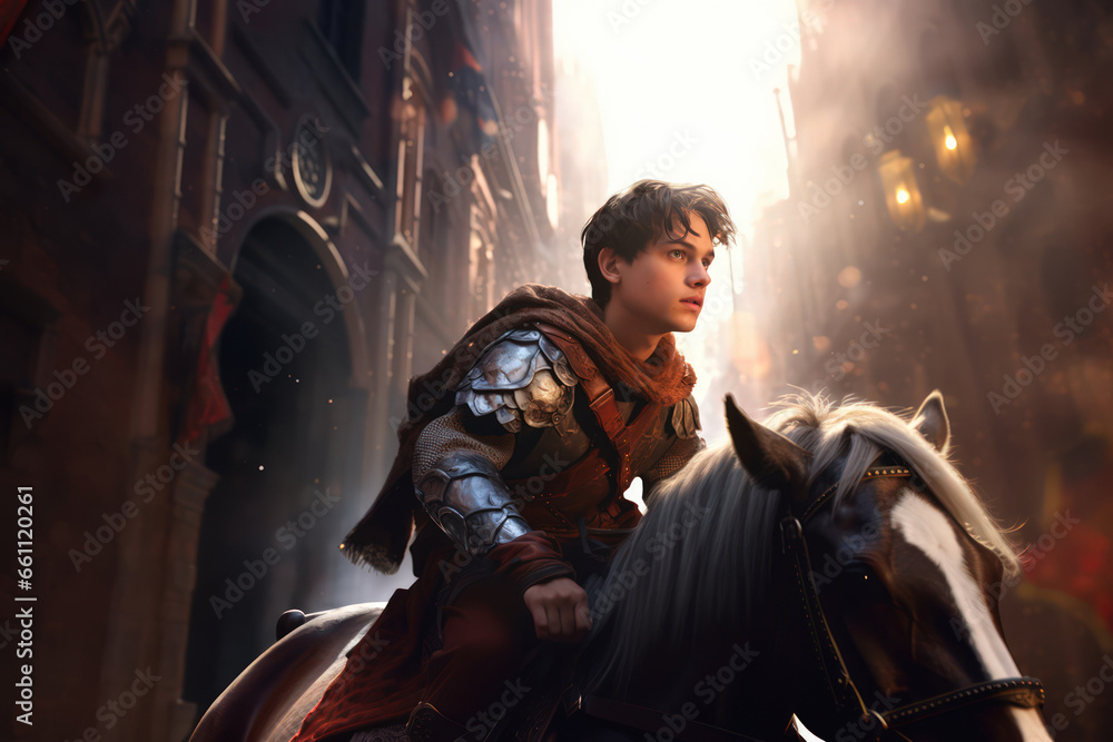 Beautiful medieval boy adventurer cosplay above city. Fairy tale ...